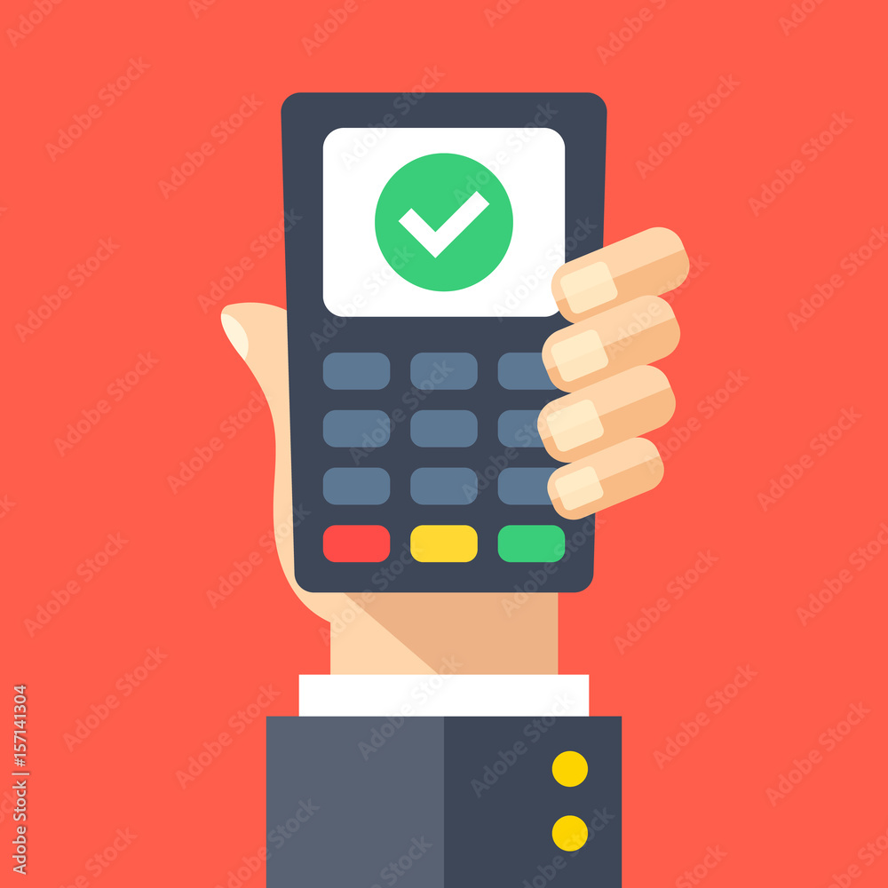 Credit card machine with check mark. Hand holding point of sale, pos ...