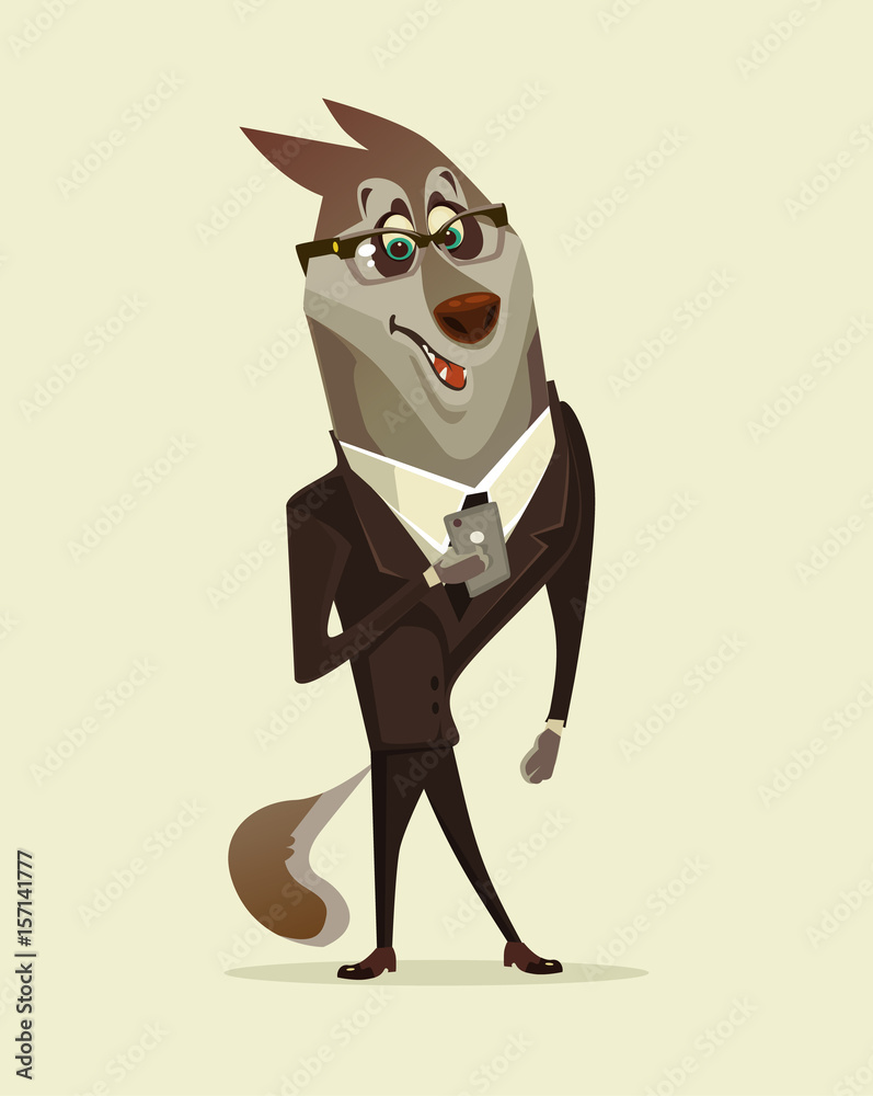 Happy smiling wolf dog businessman office worker manager character ...