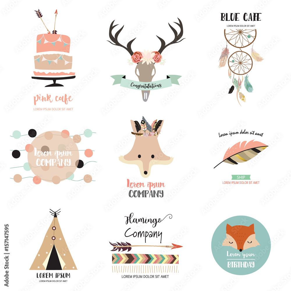 Cute logo design with indian tent,feather,fox,wild,cake and arrow Stock ...