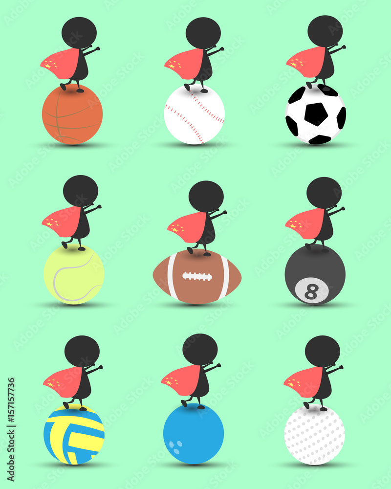 Black man character cartoon stand on sports ball and hands up overhead ...