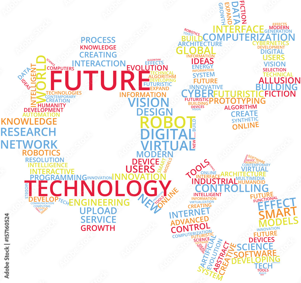 Future Technology Word Cloud Text Illustration in shape of Gear wheels ...