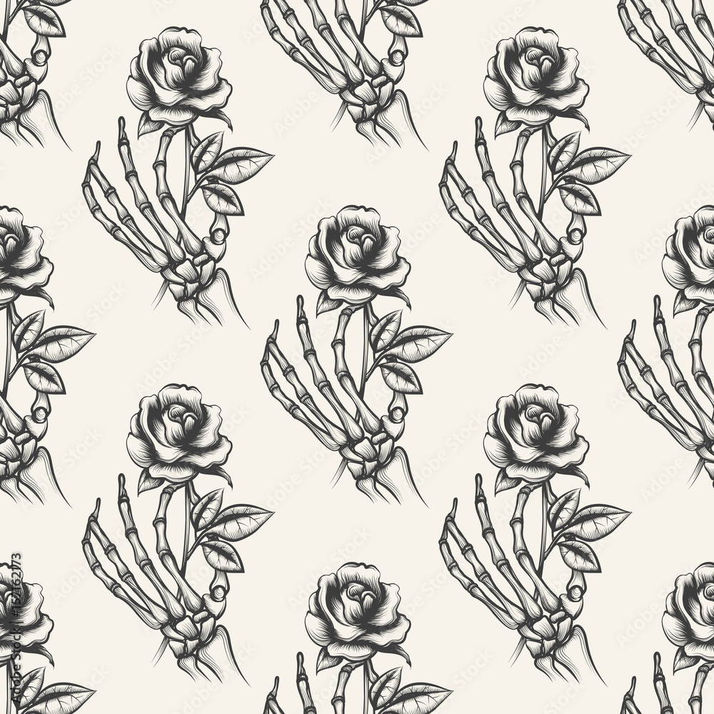 Skeleton arm sketch with rose vector seamless pattern. Background with ...