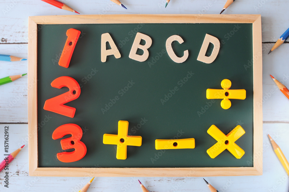 Alphabet letters and number with math symbol on blackboard with colored ...