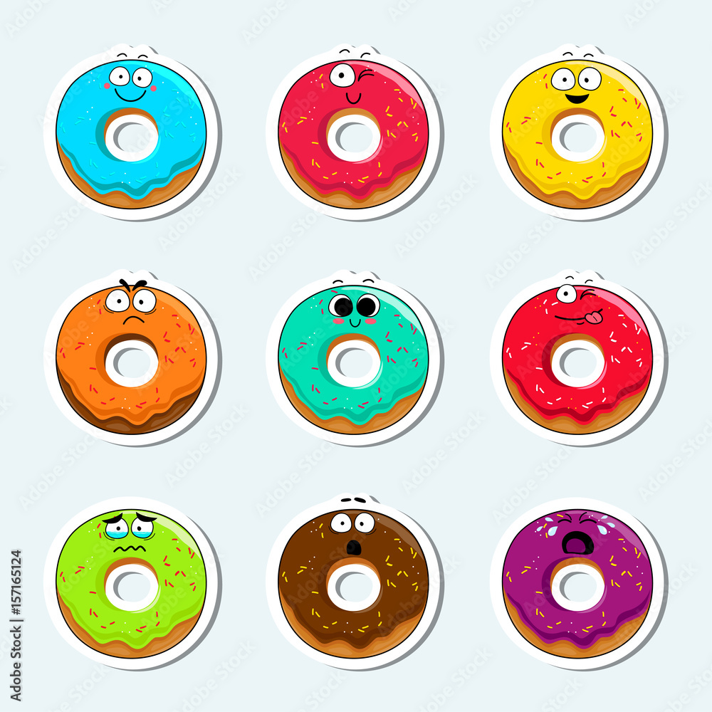 Cartoon donut cute character face isolated vector illustration. Funny ...