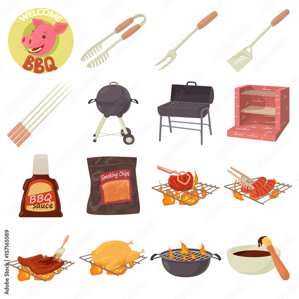 Barbecue tools icons set, cartoon style Stock Vector | Adobe Stock