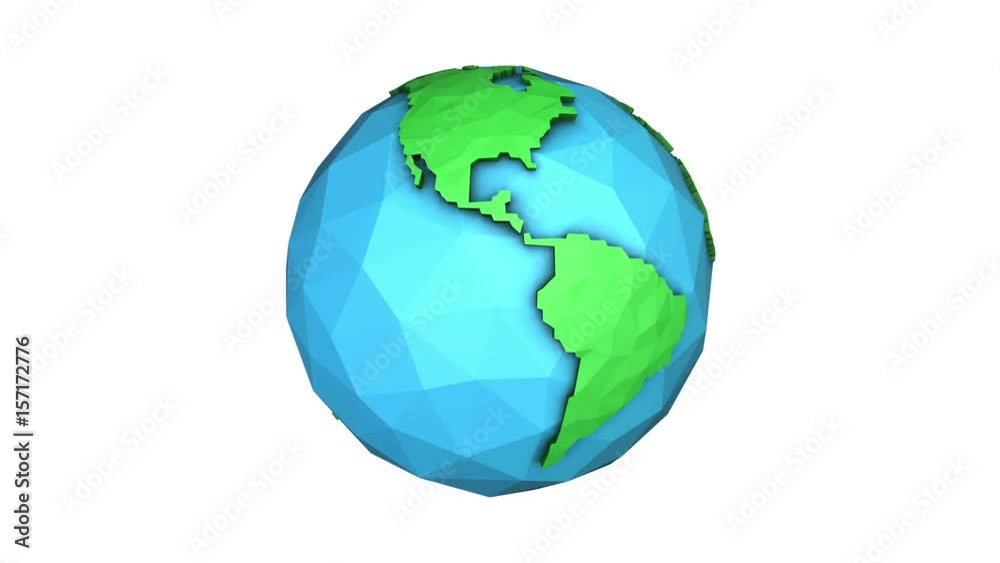 Seamless 4K animation of low poly rotating earth globe with white ...