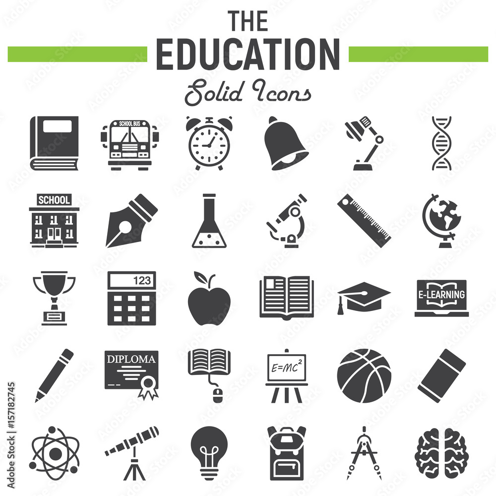 Education solid icon set, school symbols collection, knowledge vector ...