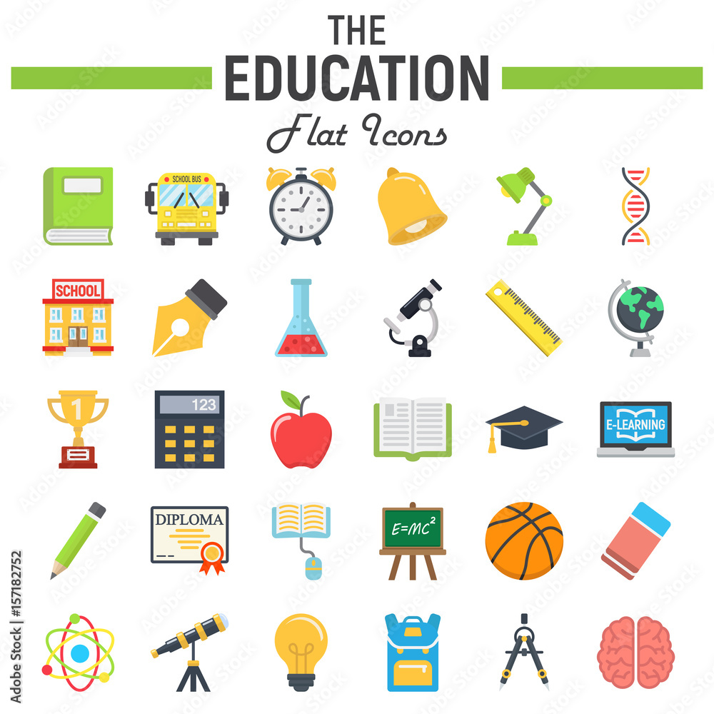 Education flat icon set, school symbols collection, knowledge vector ...
