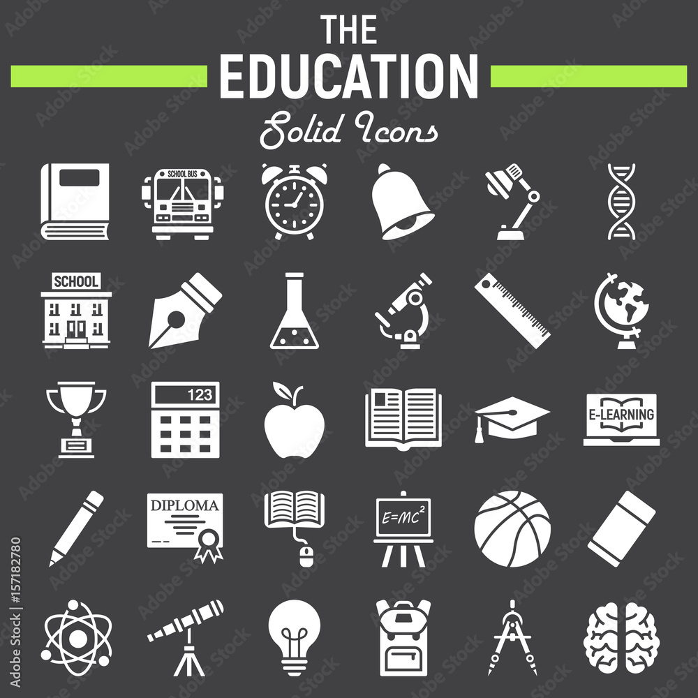 Education solid icon set, school symbols collection, knowledge vector ...