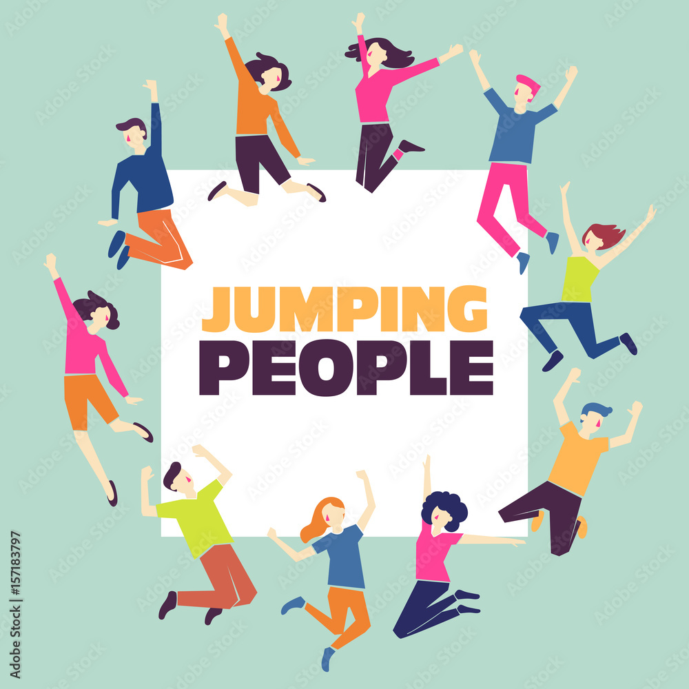 Group of young people jumping on blue background with copy space Stock ...