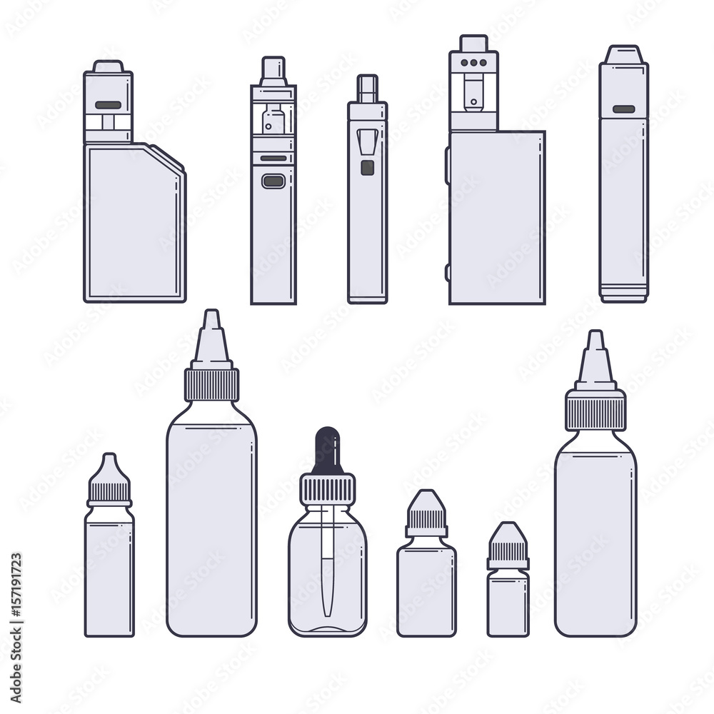 Vaping vector set. Juices and devices outline on white background ...