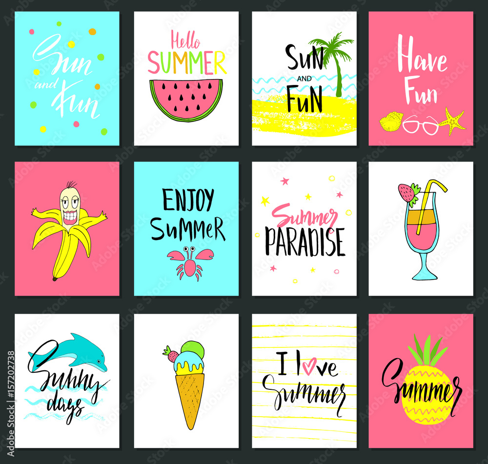 Set of colorful cute hand drawn summer cards, background. Holiday ...
