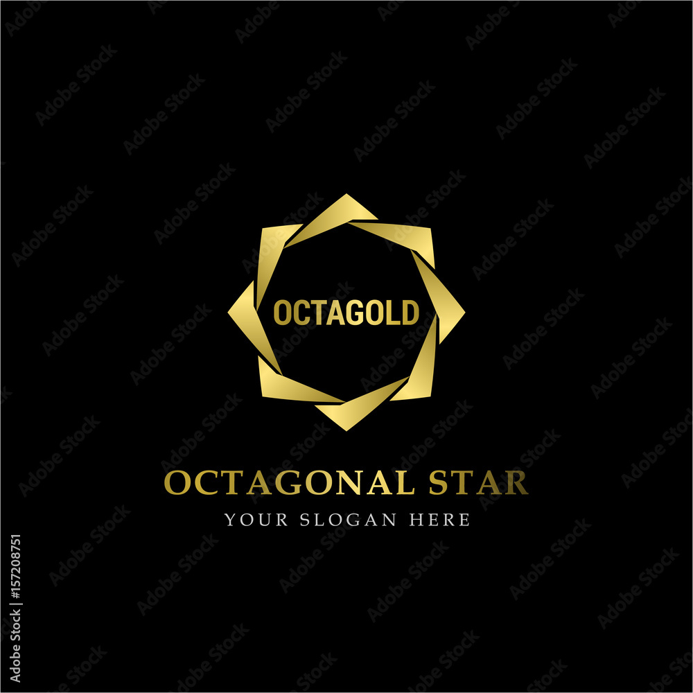 Gold Octagonal Star Logo Vector in elegant Style with Black Background ...
