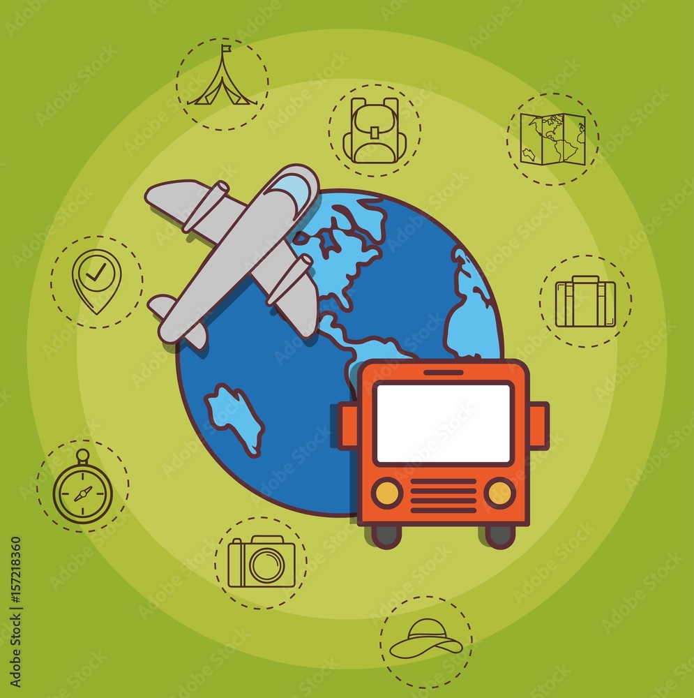 earth planet with travel related icons over green background. colorful ...