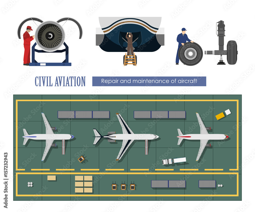 Repair and maintenance of aircraft. Service of airplane. Industrial ...