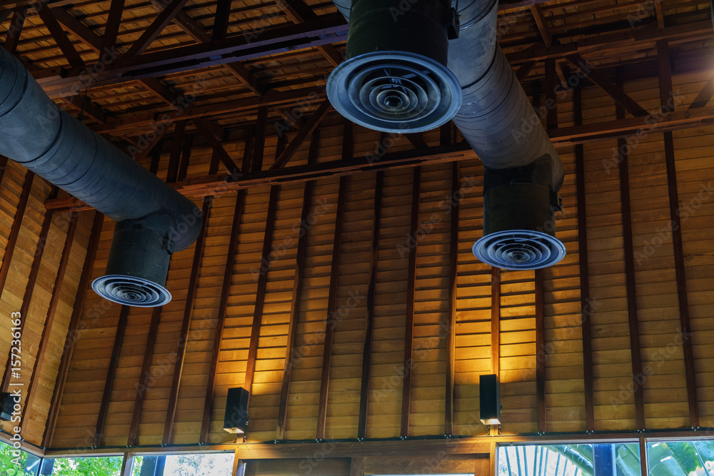 Bare skin ceiling, show steel structure, air condition system, lighting ...