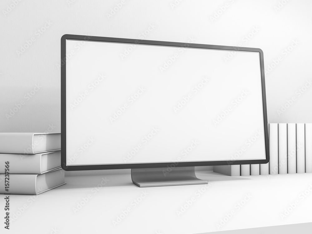 Computer on workspace table showing blank white screen. 3D rendering ...