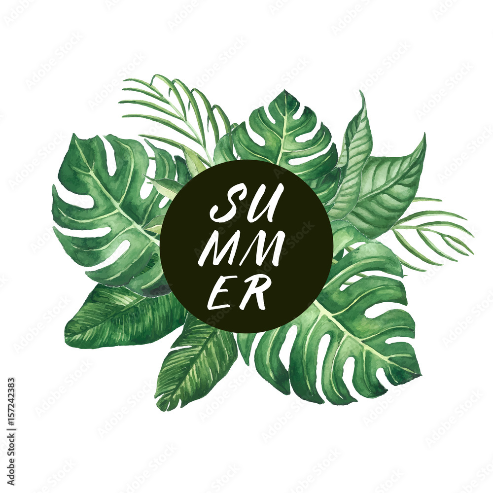 Watercolor tropical leaves frame with SUMMER word modern lettering ...