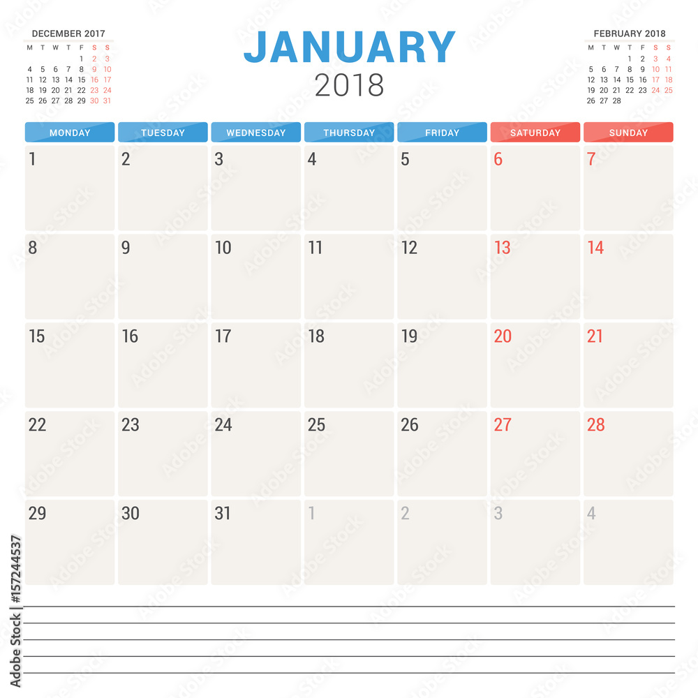 January 2018. Calendar planner vector design template. Week starts on ...