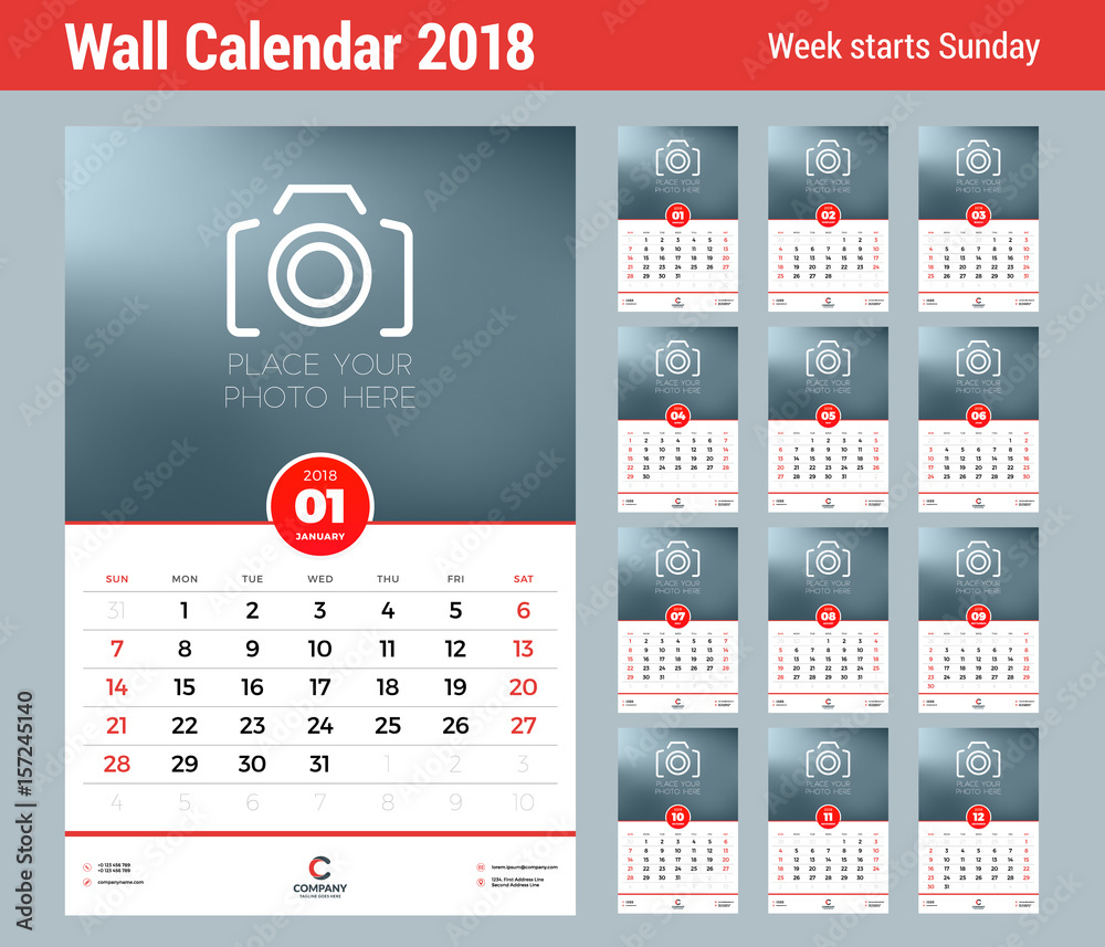 Wall Calendar Template for 2018 Year. Vector Design Template with Place ...