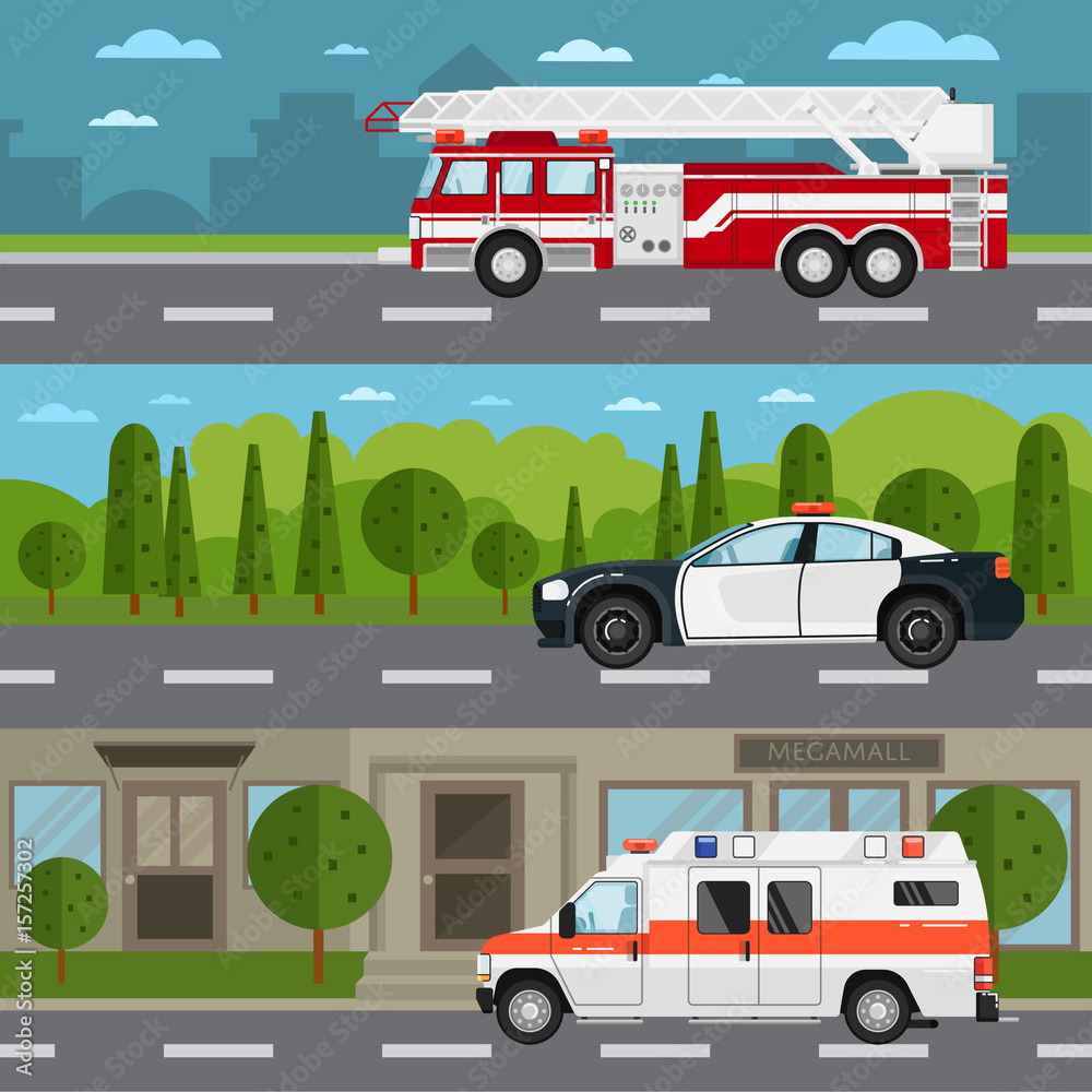 Fire truck, police and ambulance car on highway. Service auto vehicle ...