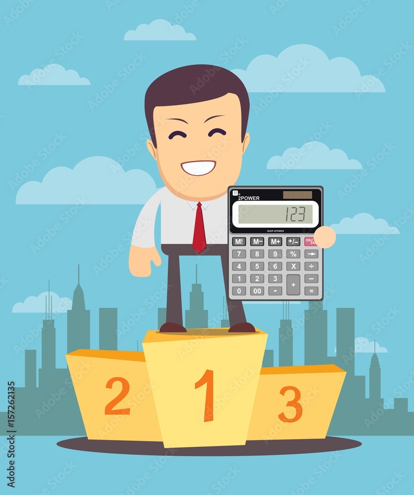 Cartoon businessman or accountan stands on a pedestal and showing an ...