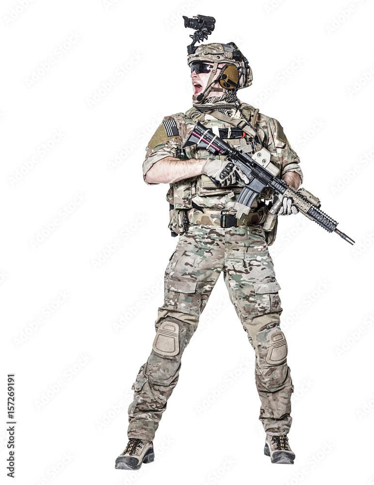 Elite member of US Army rangers in combat uniforms with his shirt ...