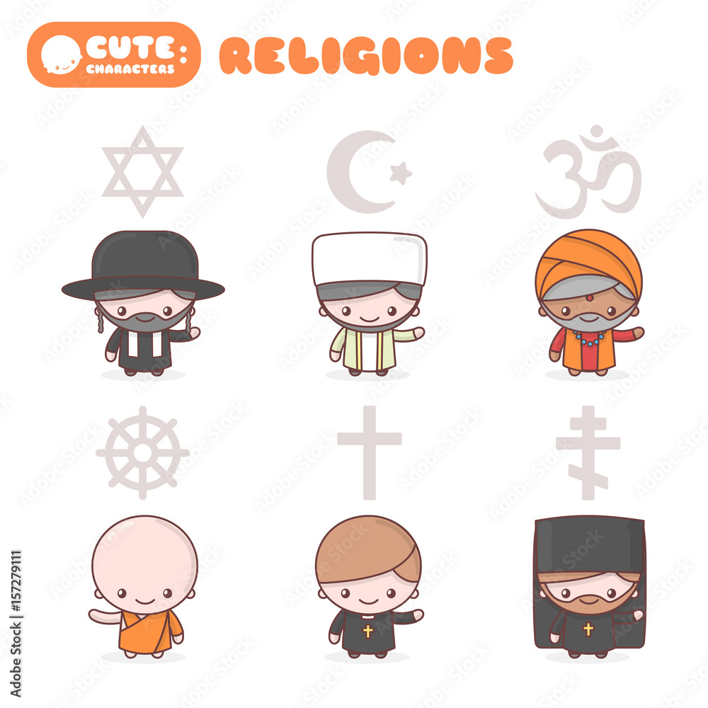 Cute chibi kawaii characters set: People of different religions ...