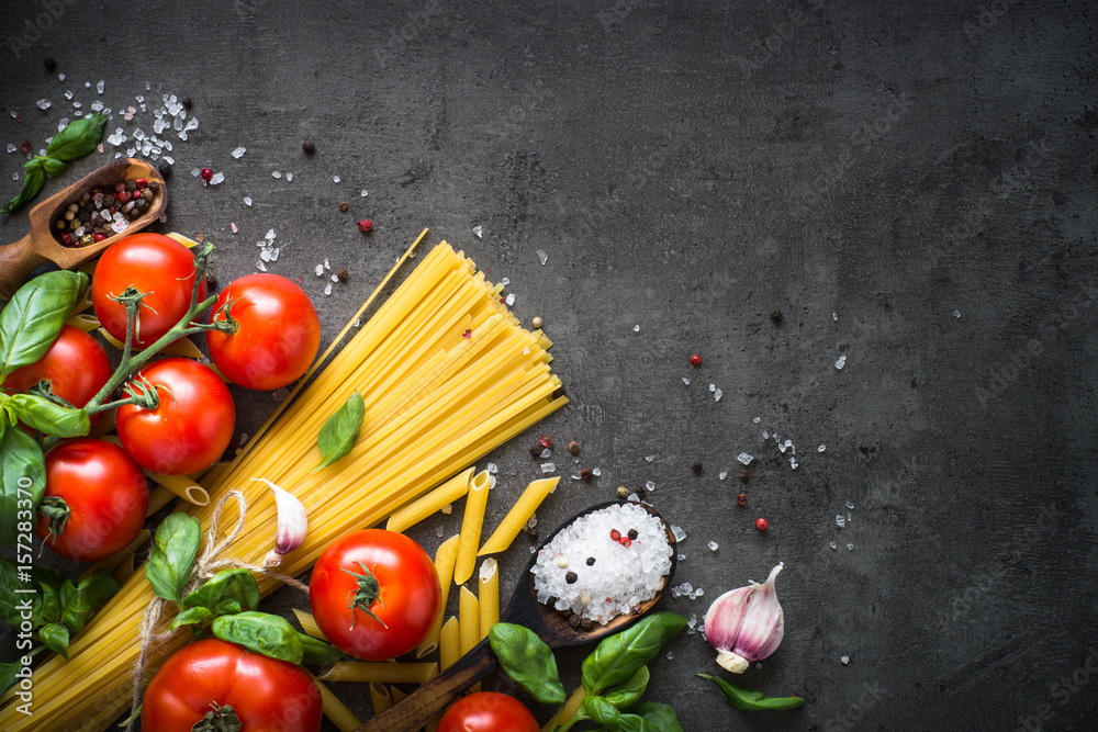 Ingredients for cooking pasta. Italian food background. Top view on ...