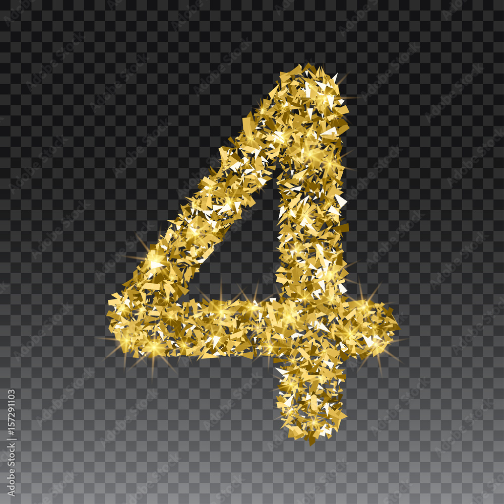 Gold glittering number four.Vector shining golden font figure lettering ...