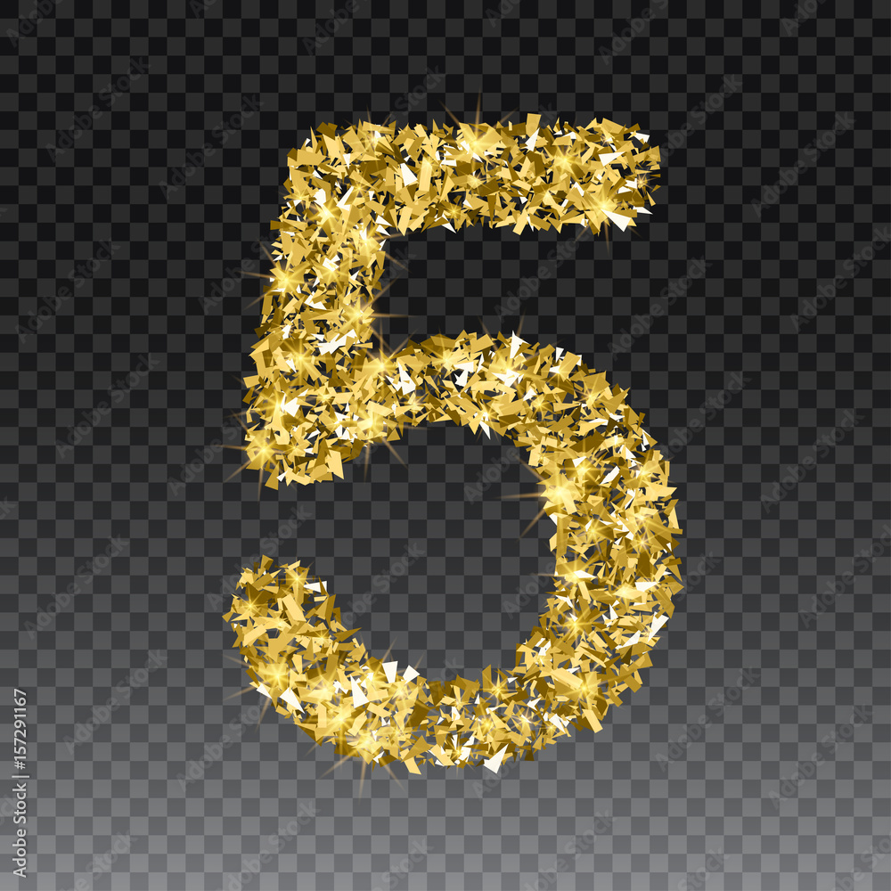 Gold glittering number five.Vector shining golden font figure lettering ...
