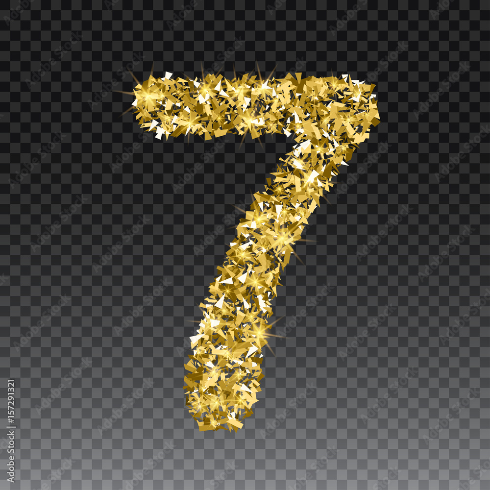 Gold glittering number seven.Vector shining golden font figure ...