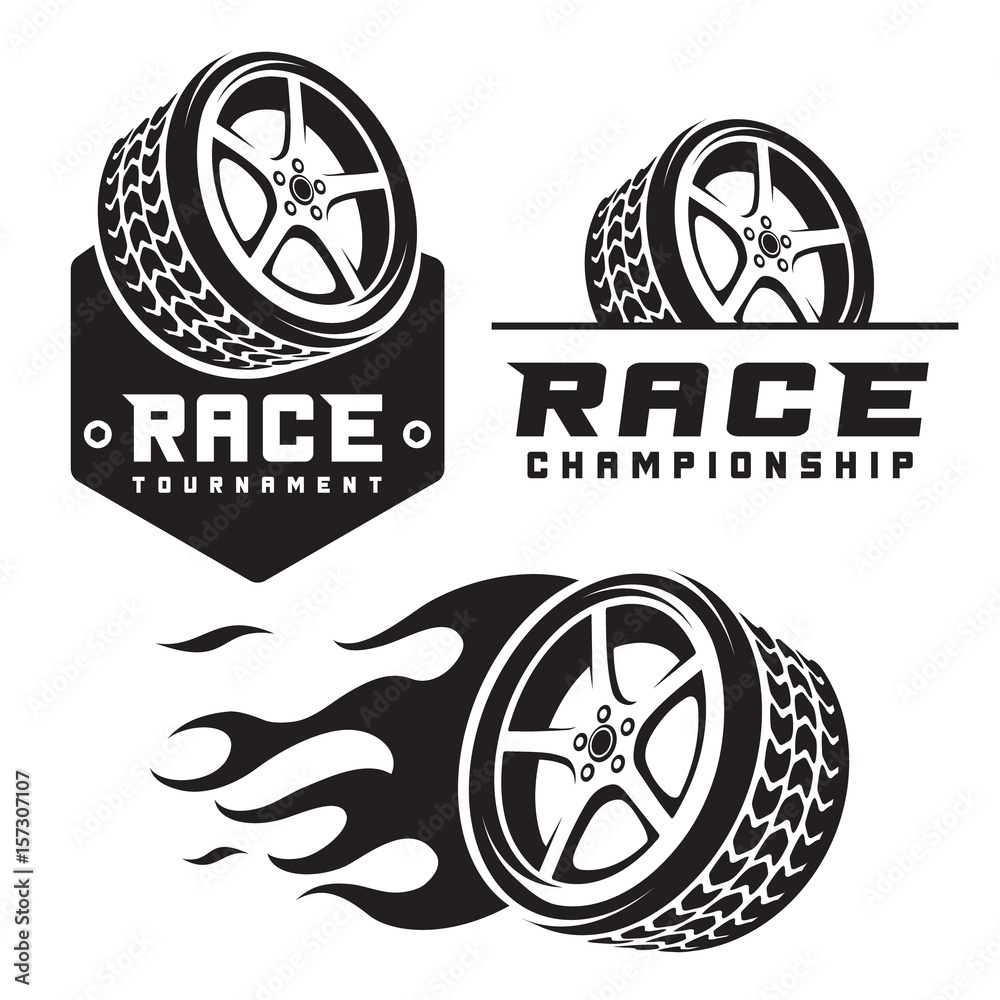 set of car wheel fire racing emblems logo template isolated on white ...