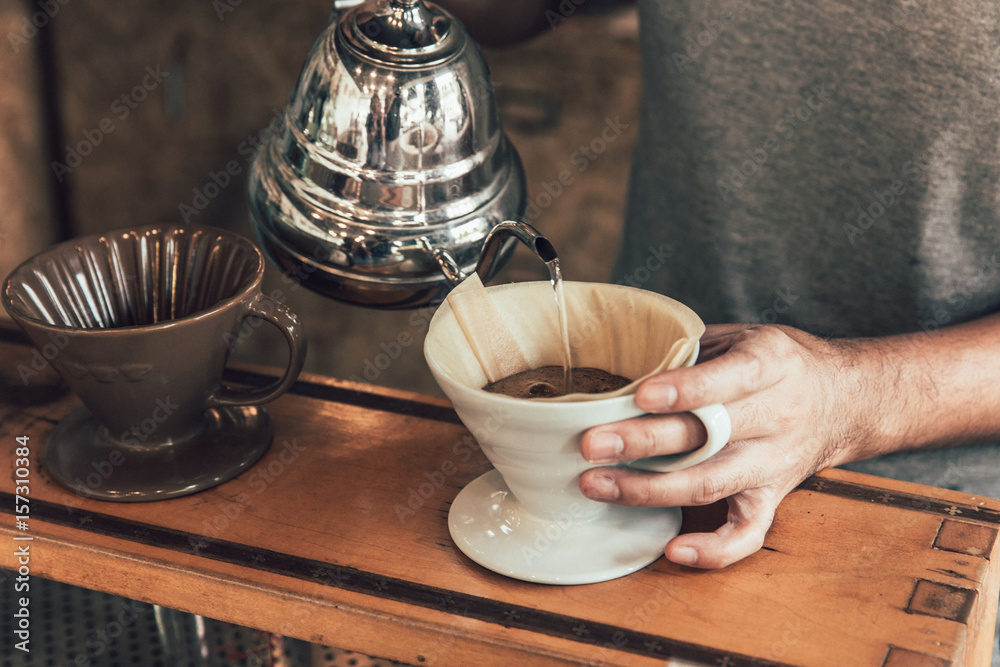 drip coffee. hot arabica coffee brew hand making process by ...