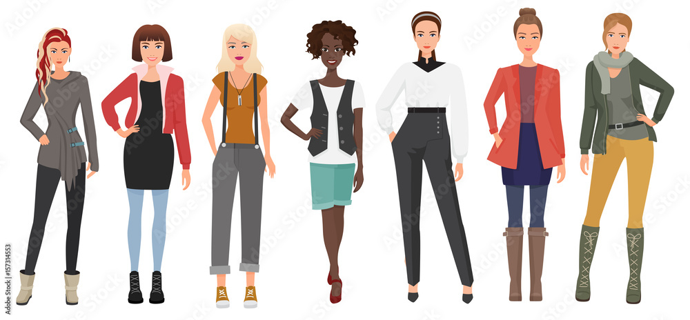 Beautiful young woman in fashion clothes set. Cartoon girls lady ...