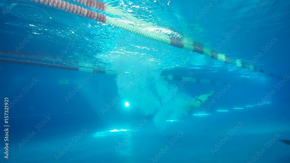 Swimmer jump into swimming pool slow motion. Man swimmer dives a ...