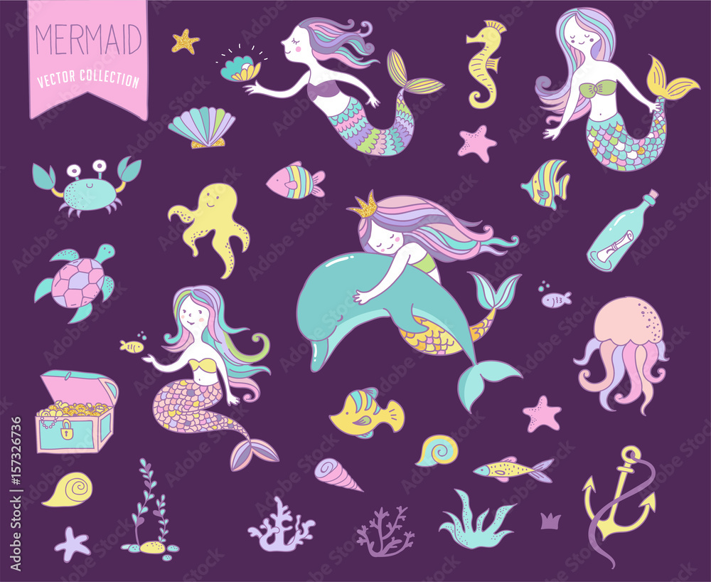 Under the sea - little mermaid, fishes, sea animals and starfish ...