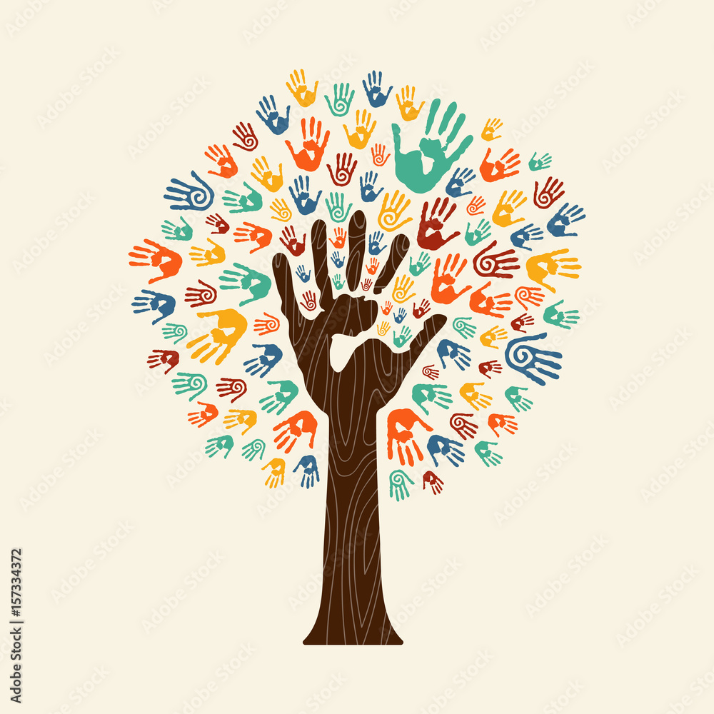 Hand print tree of diverse community team Stock Vector | Adobe Stock