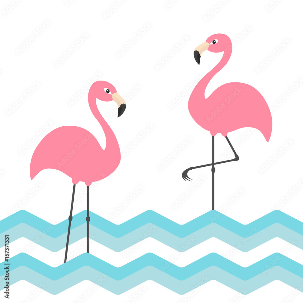 Pink flamingo family set. Blue sea ocean water zigzag wave. Exotic ...