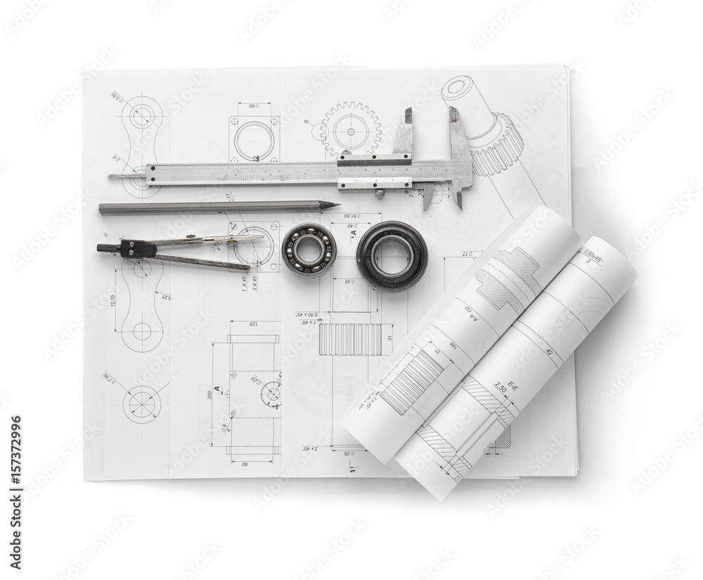 Engineering supplies and part blueprints on white background Stock ...