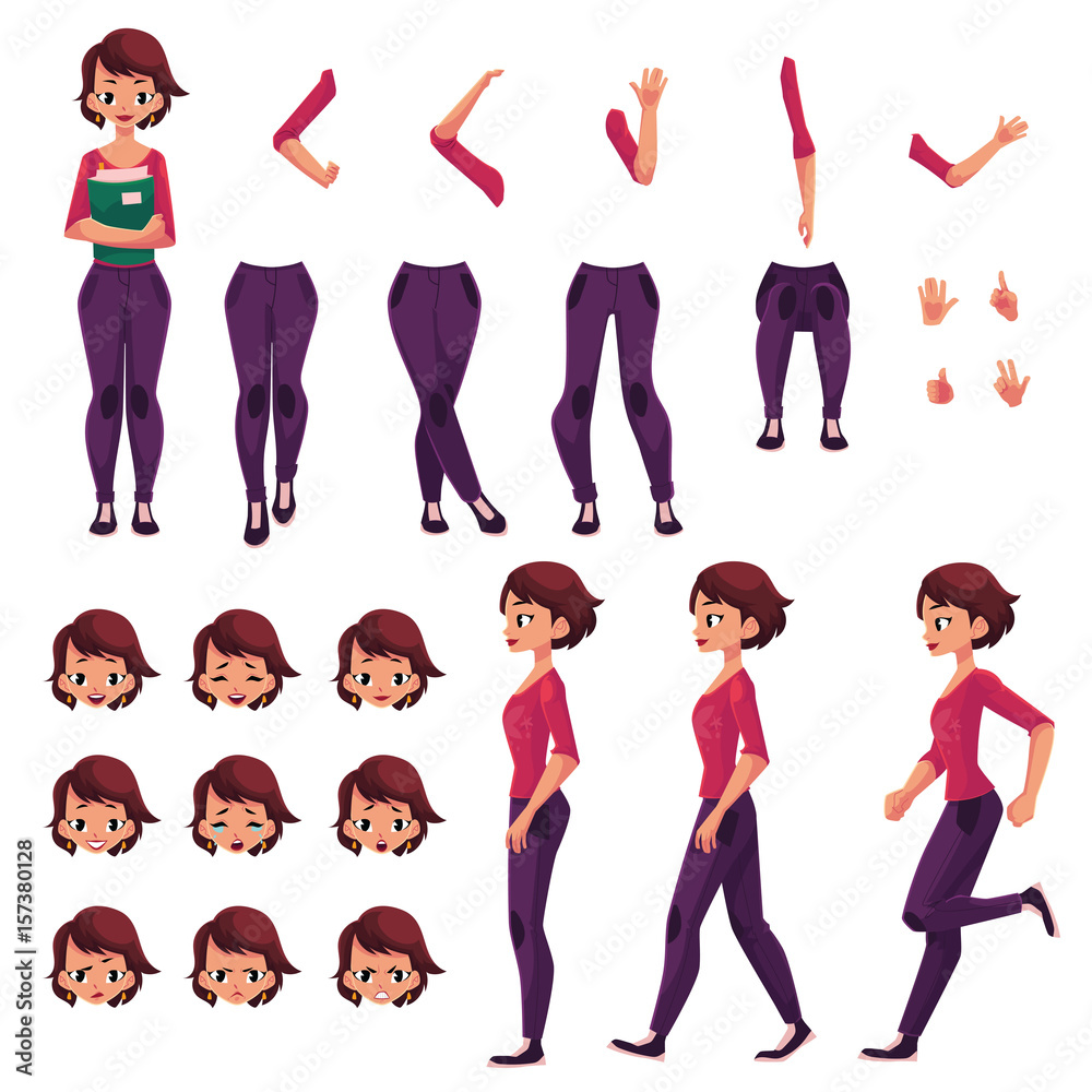 Student, young woman character creation set with different poses ...