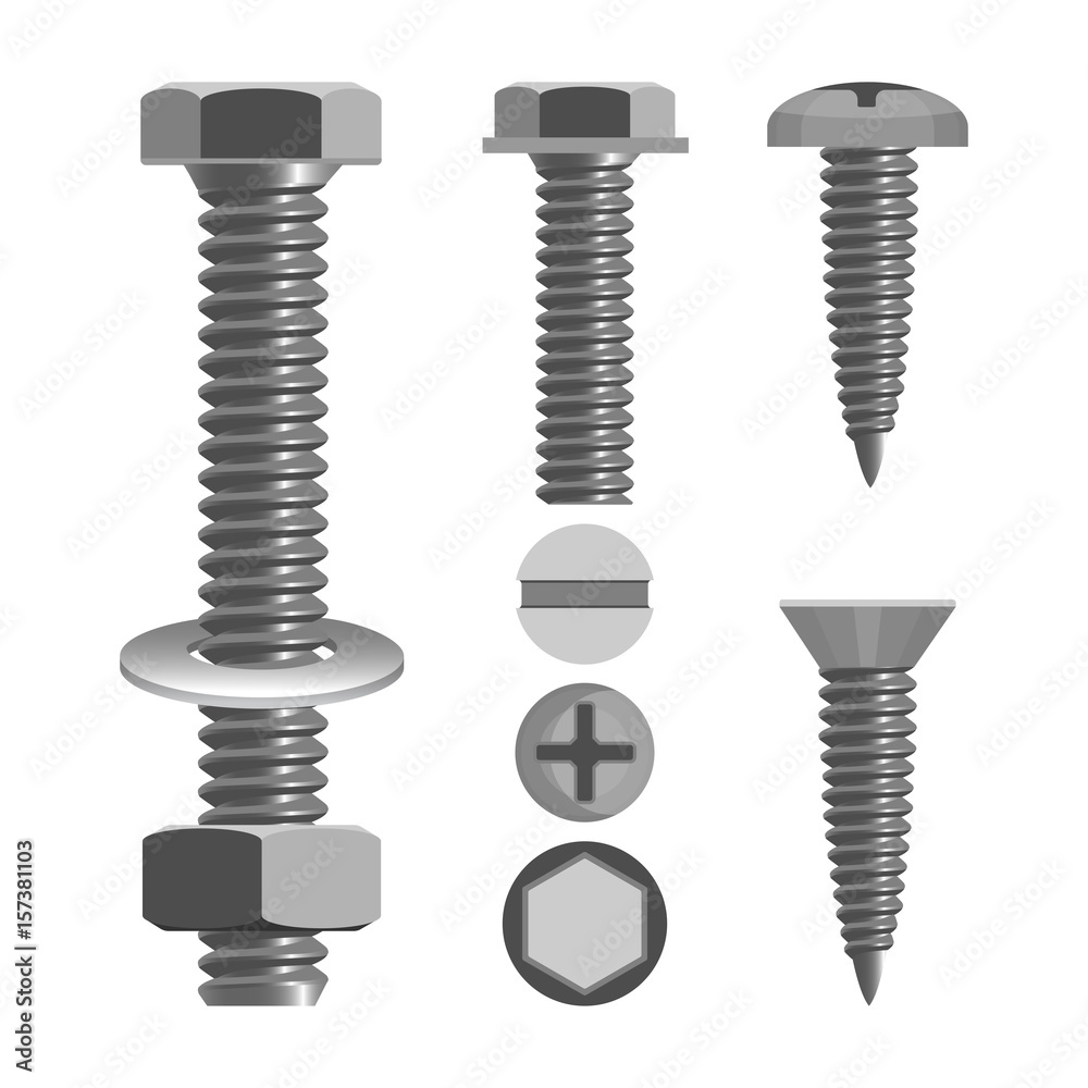 Bolts and nuts with different screw heads types realistic vector ...