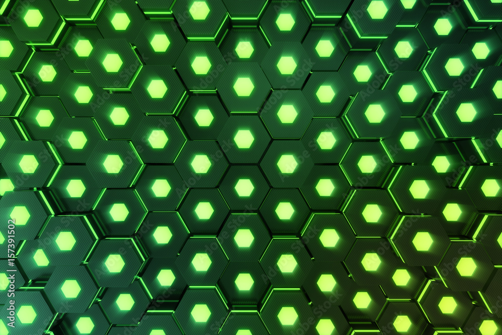 Abstract green of futuristic surface hexagon pattern with light rays ...