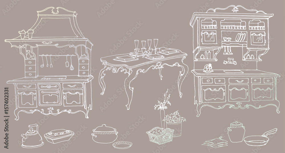 sketch set for kitchen furniture in the old style, oven, extractor hood ...