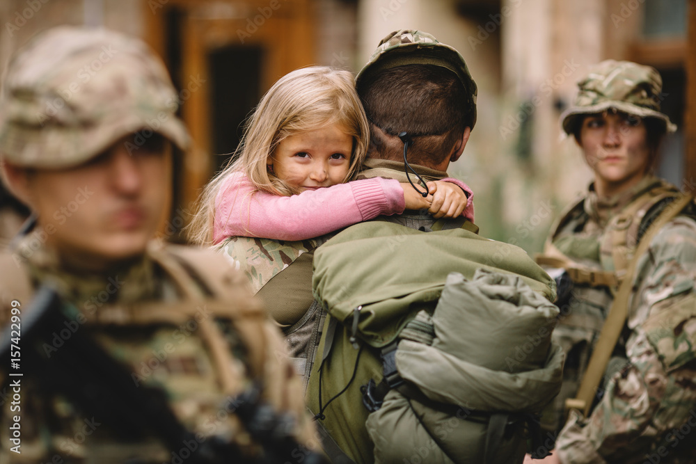 Rangers and children on battlefield background. Military and rescue ...