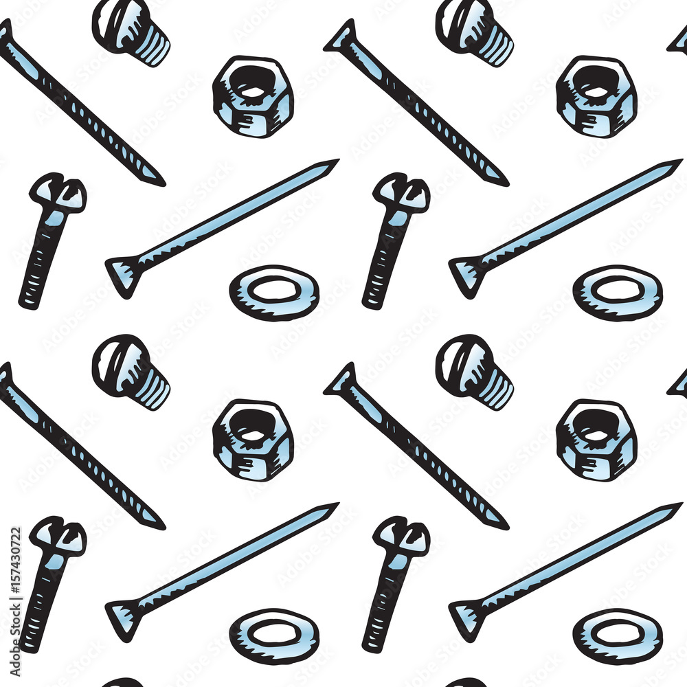 Bolt, nut, washer, nail and screw, seamless pattern design, hand drawn ...
