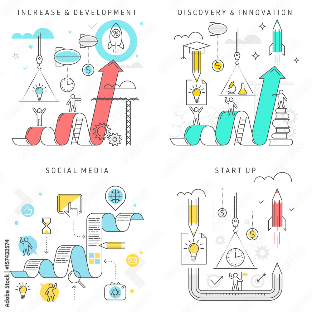 Vector flat line illustration. Increase and Development, Discovery and ...
