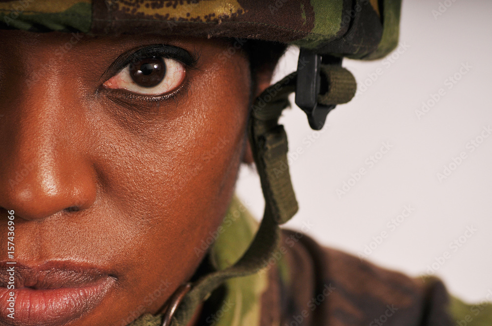 Half face portrait of female soldier suffering with PTSD. Stock Photo ...