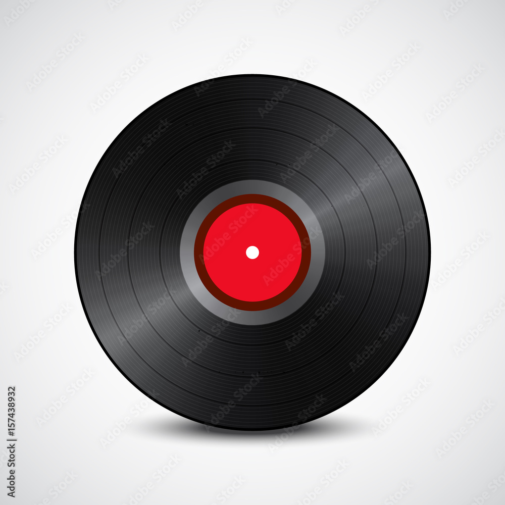 Black vinyl record, red in the middle, isolated on white background ...