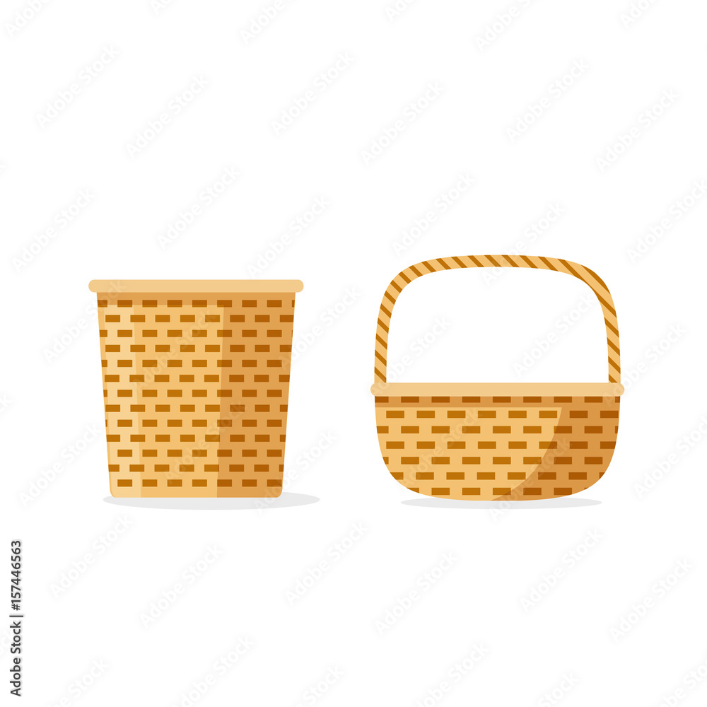 Wicker basket vector icons isolated, flat cartoon weave, storage or ...